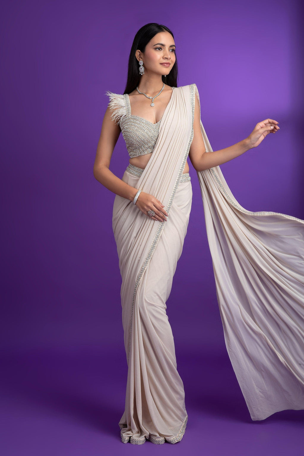 Ivory Net Drape Saree | Buy SAREES Online – Mokshaa Chennai