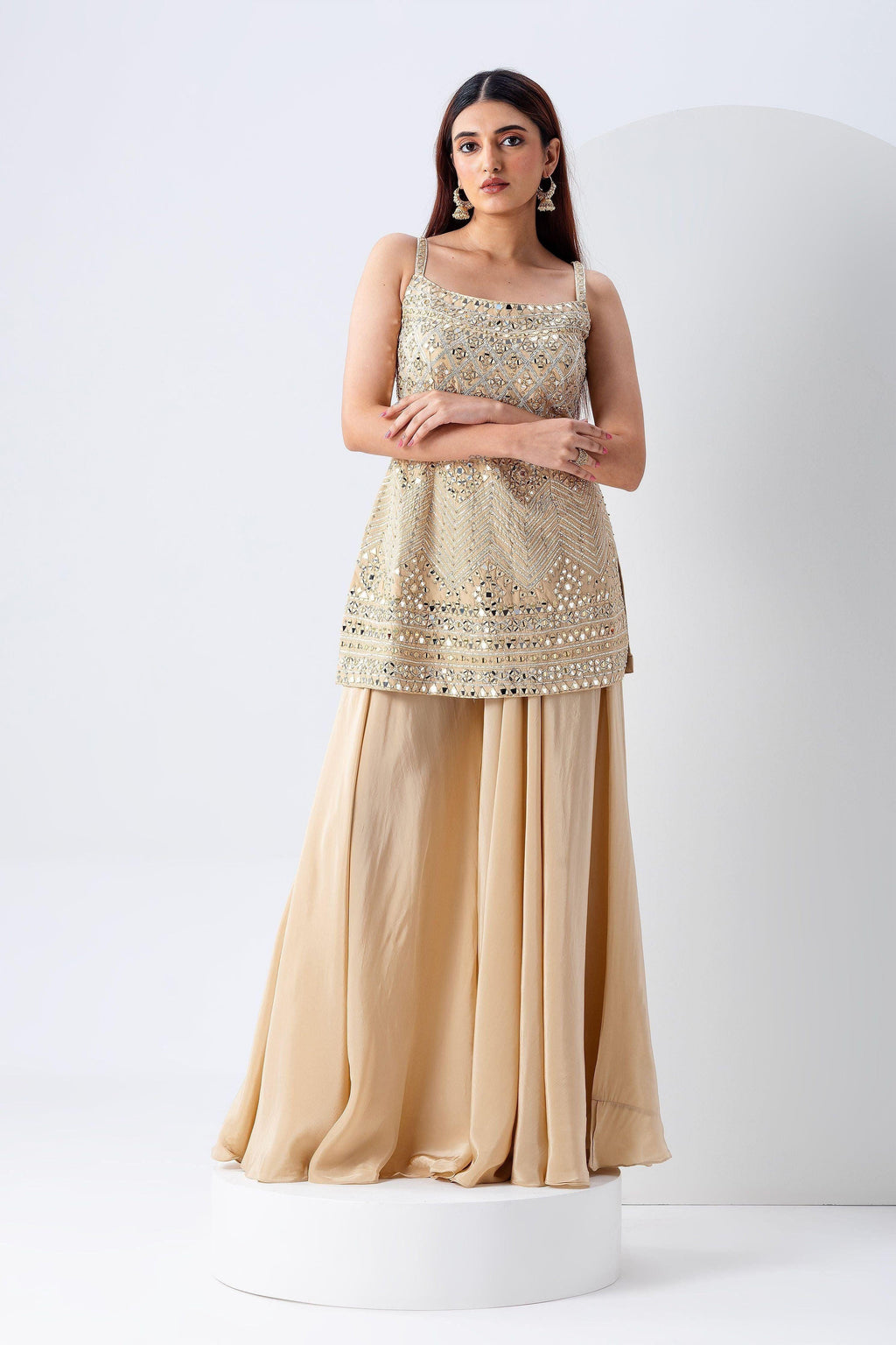 Beige Mirror Work Top And Bottom Set