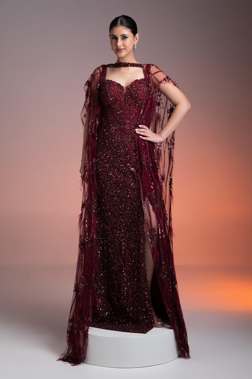 Maroon Sequined Gown With Sheer Cape | Buy INDO-WESTERN Online ...