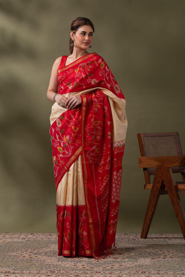 Red & Ivory Ikat Soft Silk Saree | Buy SAREES Online – Mokshaa Chennai